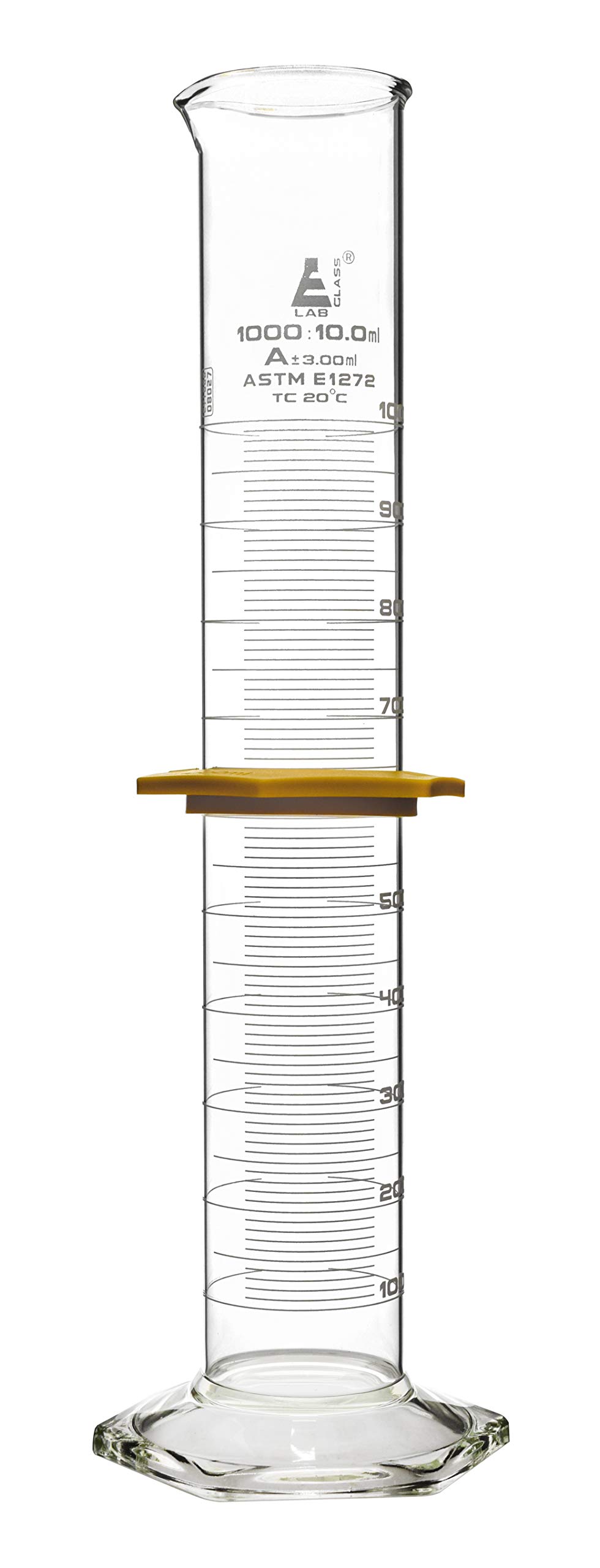 EISCO Graduated Cylinder, 1000mL - ASTM, Class A Tolerance ±3.00mL - Protective Collar, Hexagonal Base - White Graduations - Borosilicate 3.3 Glass