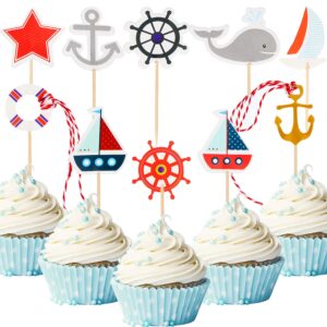 72 Pieces Nautical Cupcake Toppers Ocean Theme Toothpicks Birthday Cake Picks Decorations for Navy Baby Shower Party Favors Supplies