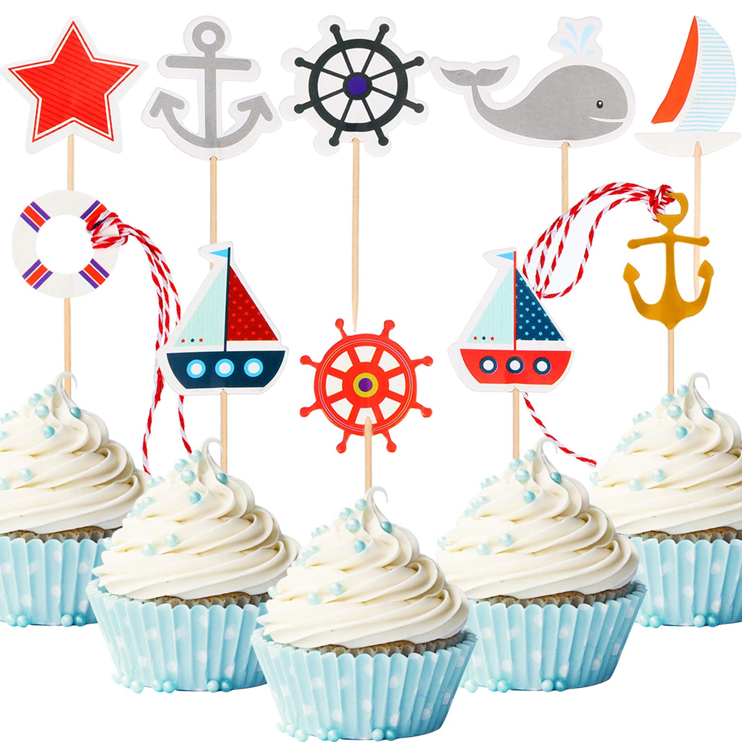 72 Pieces Nautical Cupcake Toppers Ocean Theme Toothpicks Birthday Cake Picks Decorations for Navy Baby Shower Party Favors Supplies