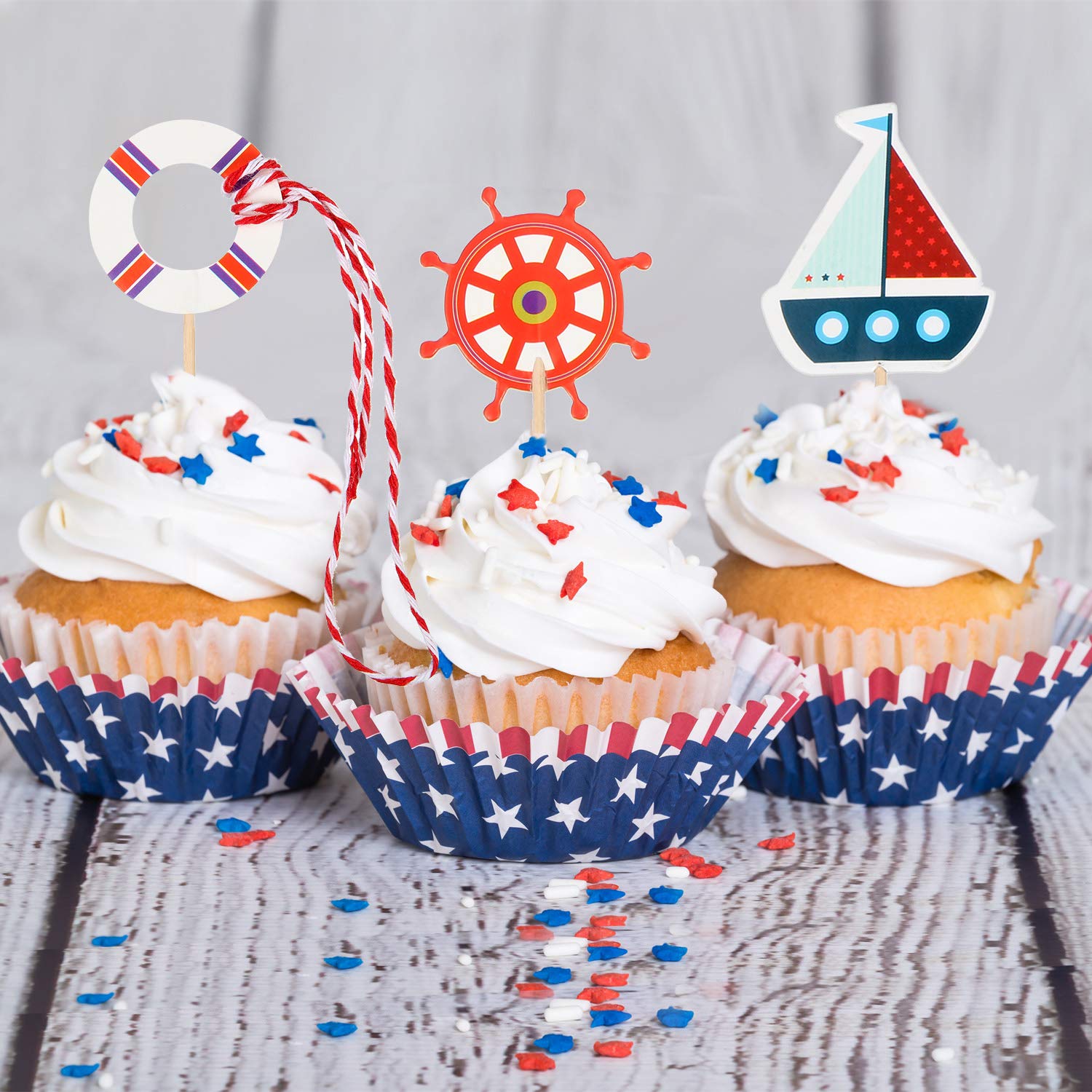 72 Pieces Nautical Cupcake Toppers Ocean Theme Toothpicks Birthday Cake Picks Decorations for Navy Baby Shower Party Favors Supplies