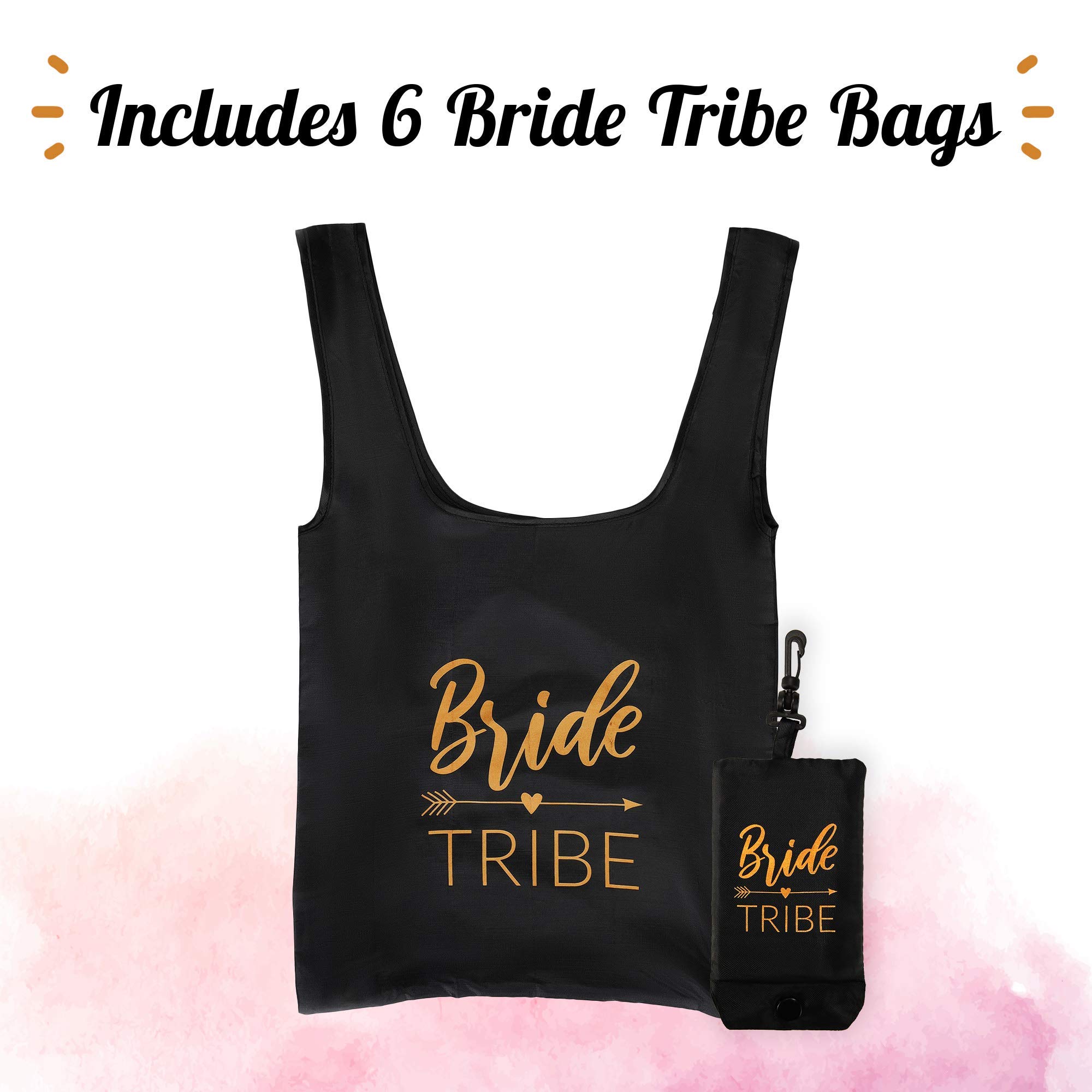 Pop Fizz Designs Bride Tribe Reusable Tote Bags | 7 Pack | 1 Bribe to Be Bag & 6 Bride Tribe Bags - Includes Matching Keychains | Perfect for Bachelorette Party Bags