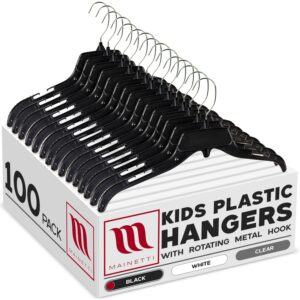 mainetti 485 recycle black, kids plastic hangers - 100 pack with rotating metal hook and notches for straps, great for shirts/tops/dresses, 15-inch