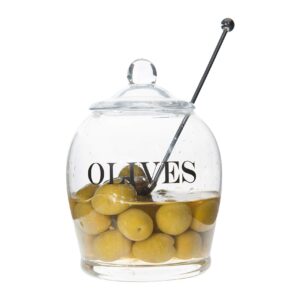 Creative Co-Op Clear Glass "OLIVE" Jar with Lid & Slotted Stainless Steel Spoon (Set of 3 Pieces including Lid)