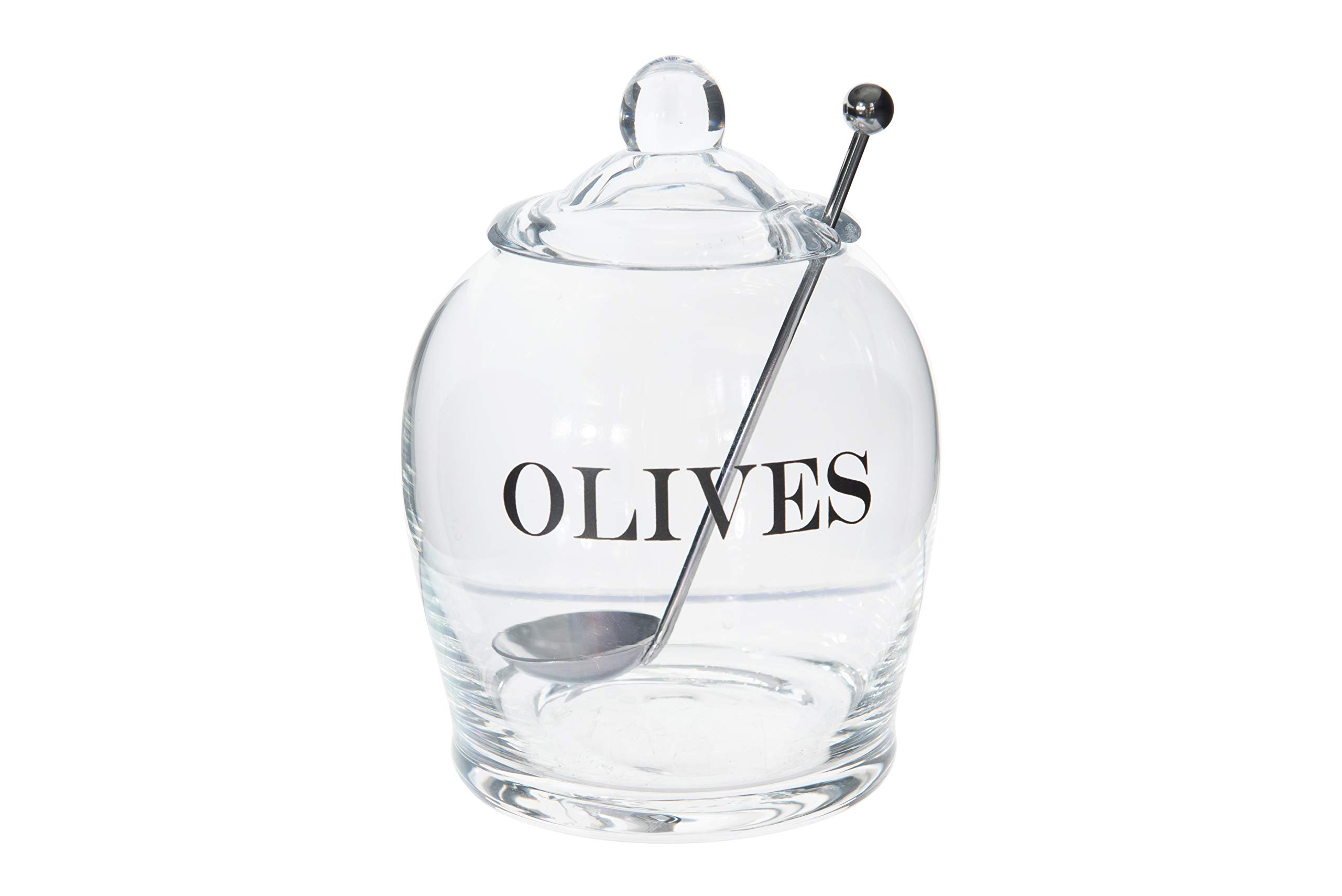 Creative Co-Op Clear Glass "OLIVE" Jar with Lid & Slotted Stainless Steel Spoon (Set of 3 Pieces including Lid)