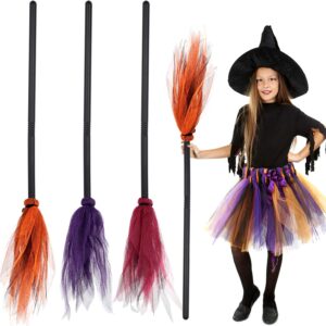 3 pieces halloween witch broom plastic witch broomstick kids broom props witch broom party decoration for halloween costume decoration, 3 colors (red, purple, orange)