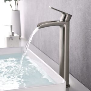 NEWATER Waterfall Spout Tall Vessel Bathroom Sink Faucet，Basin Mixer Tap Single Handle One Hole Brushed Nickel