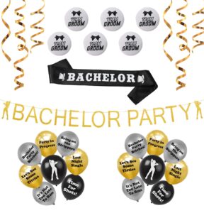 brosash bachelor party decorations, (gold bachelor banner, bachelor sash, 16 funny party balloons, and 8 team groom button pins) 26 piece set, bachelorette party supplies gifts…