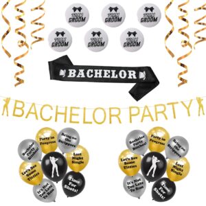 Brosash Bachelor Party Decorations, (Gold Bachelor Banner, Bachelor Sash, 16 Funny Party Balloons, and 8 Team Groom Button Pins) 26 Piece Set, Bachelorette Party Supplies Gifts…