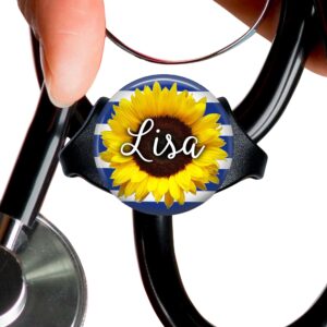 navy stripe sunflower yoke stethoscope tag - adjustable steth id personalized with name monogram occupation title - floral nurse gift