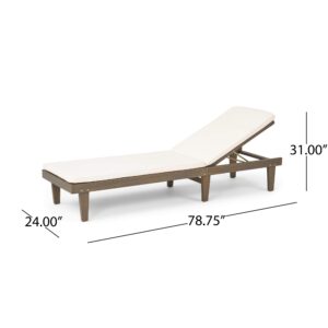 GDFStudio Great Deal Furniture Outdoor Acacia Wood Chaise Lounge and Cushion Set, Gray and Cream