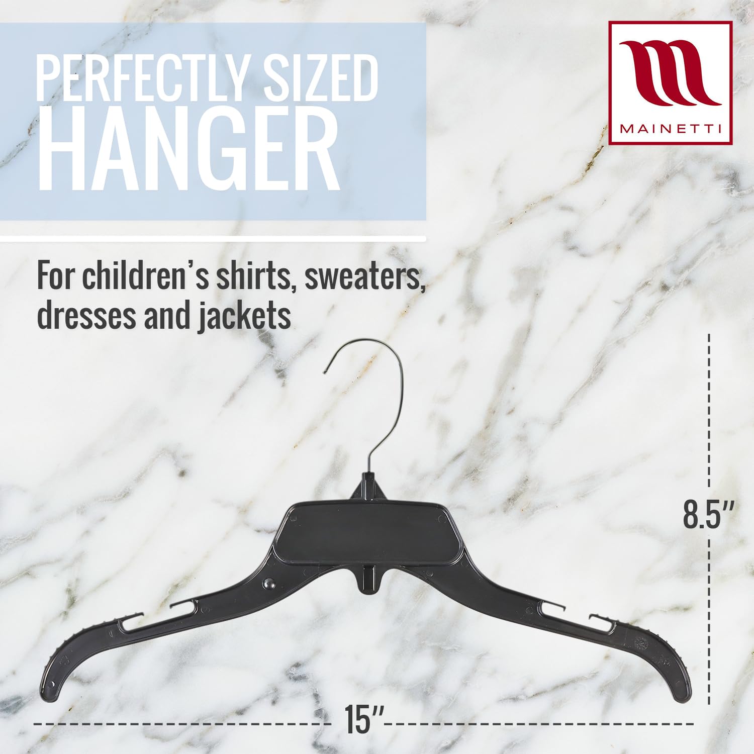 Mainetti 485 Recycle Black, Kids Plastic Hangers - 100 Pack with Rotating Metal Hook and Notches for Straps, Great for Shirts/Tops/Dresses, 15-Inch