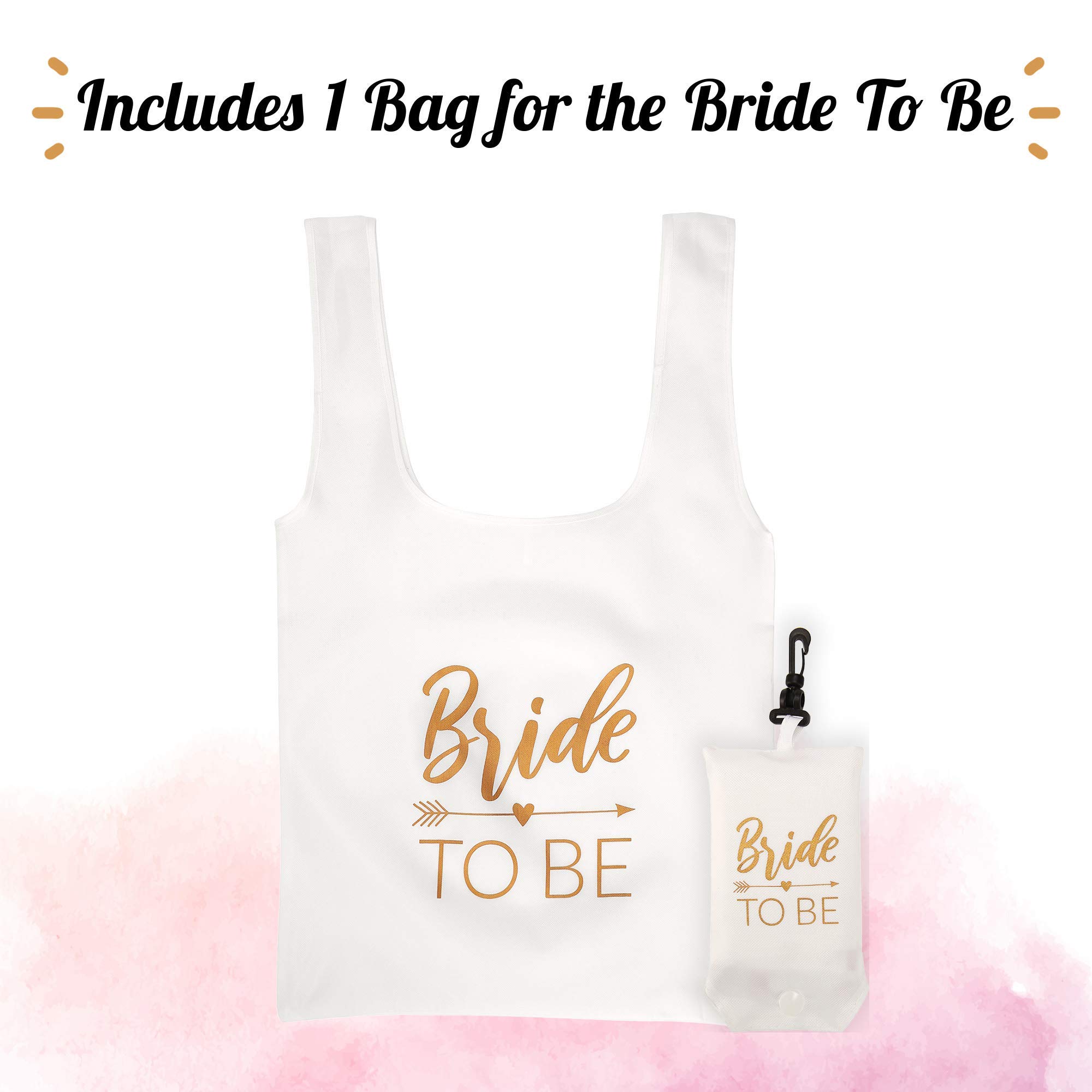 Pop Fizz Designs Bride Tribe Reusable Tote Bags | 7 Pack | 1 Bribe to Be Bag & 6 Bride Tribe Bags - Includes Matching Keychains | Perfect for Bachelorette Party Bags