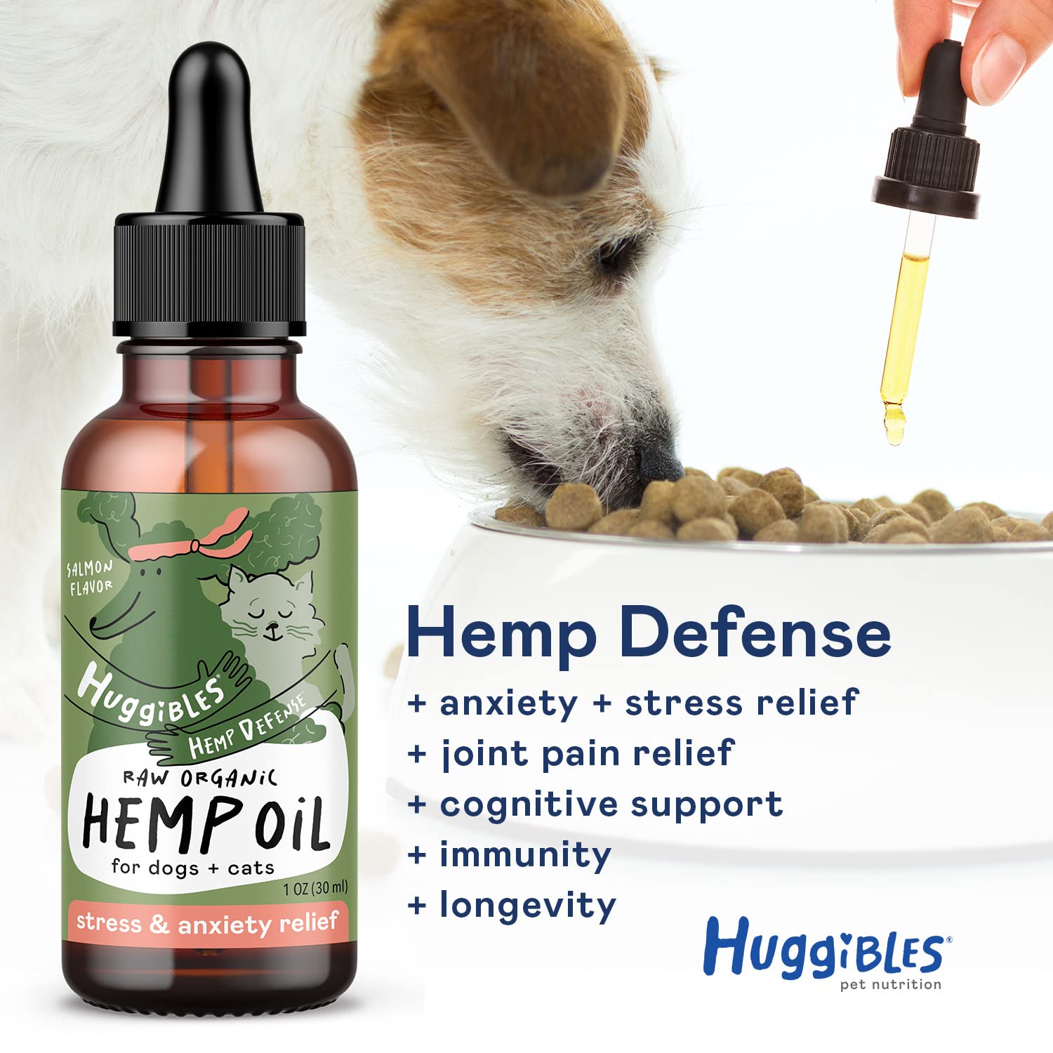 Huggibles Organic Hemp Oil Drops for Cats and Dogs Calming Stress & Anxiety Support Omega 3 & 6 for Arthritis Inflammation and Joint Support | Liquid Drops Pet Supplement