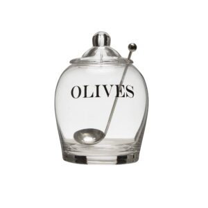 Creative Co-Op Clear Glass "OLIVE" Jar with Lid & Slotted Stainless Steel Spoon (Set of 3 Pieces including Lid)