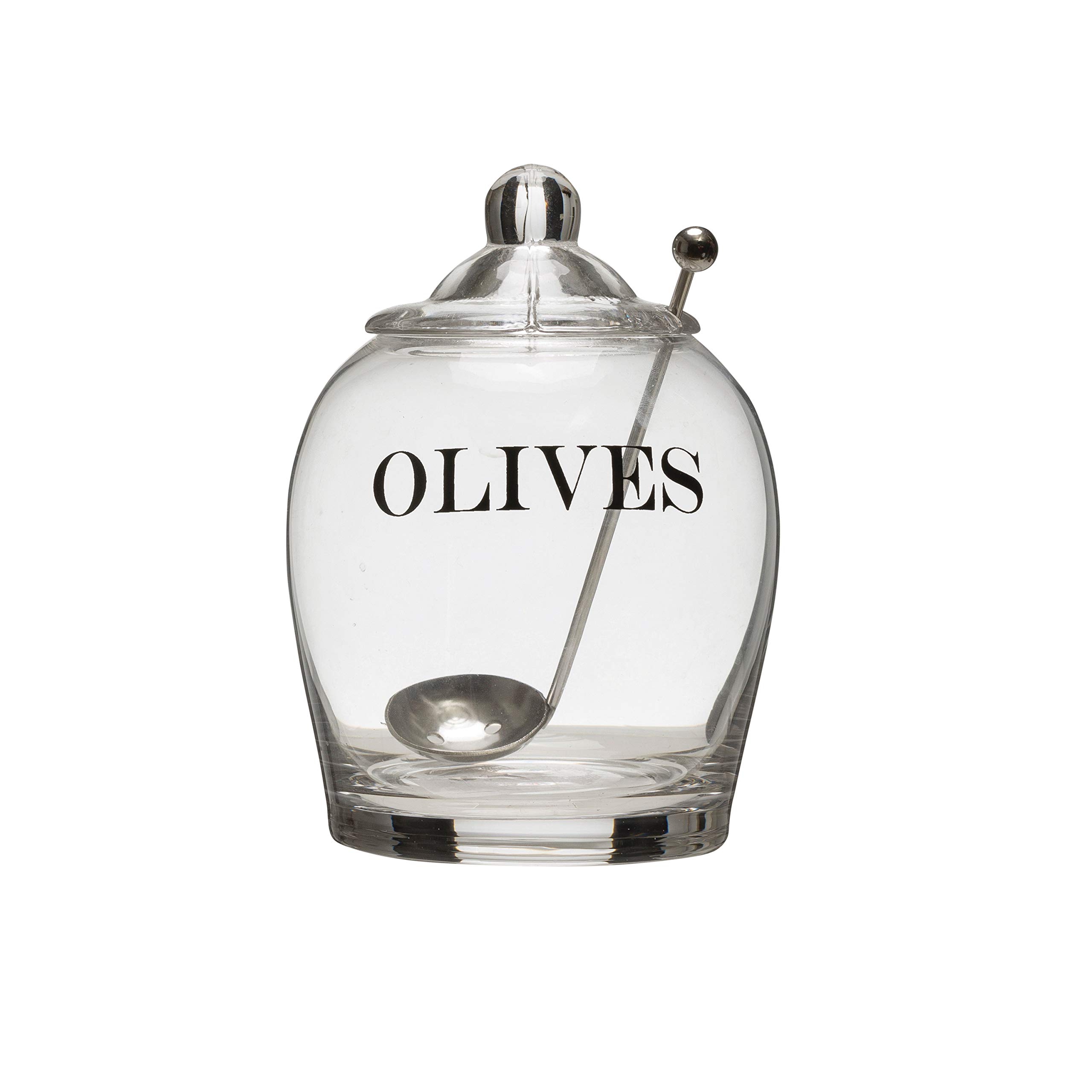 Creative Co-Op Clear Glass "OLIVE" Jar with Lid & Slotted Stainless Steel Spoon (Set of 3 Pieces including Lid)