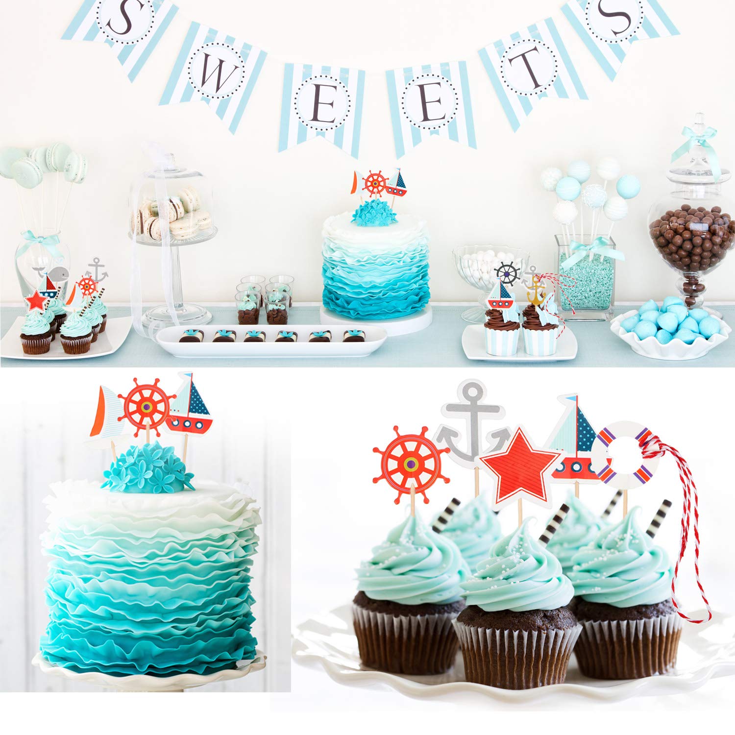 72 Pieces Nautical Cupcake Toppers Ocean Theme Toothpicks Birthday Cake Picks Decorations for Navy Baby Shower Party Favors Supplies