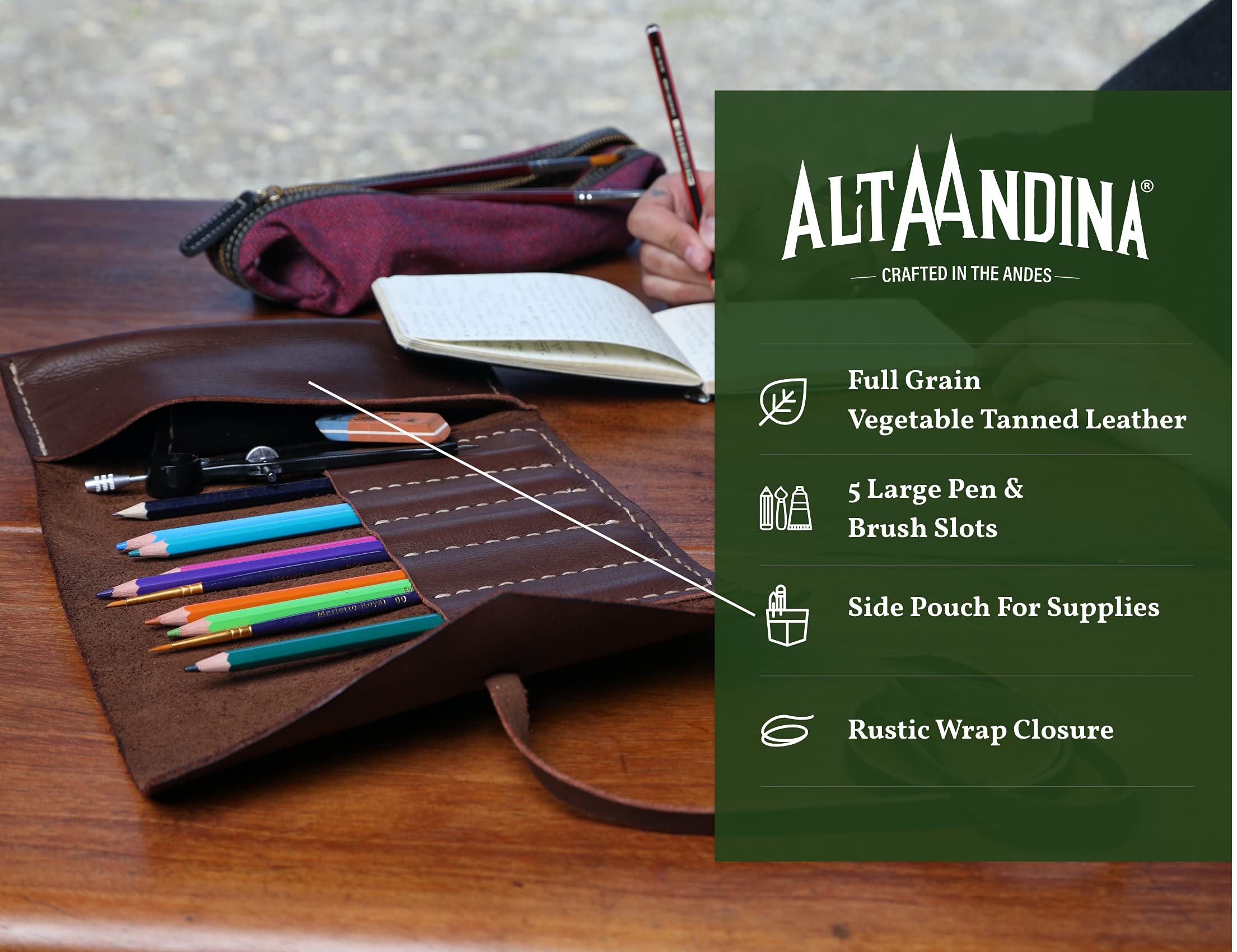 Alta Andina Leather Pen & Pencil Case | Vegetable Tanned Leather Roll Up | 5 Slots & Pouch for Pens, Brushes | Art, Stationary, & Makeup Organizer (Black – Noche)