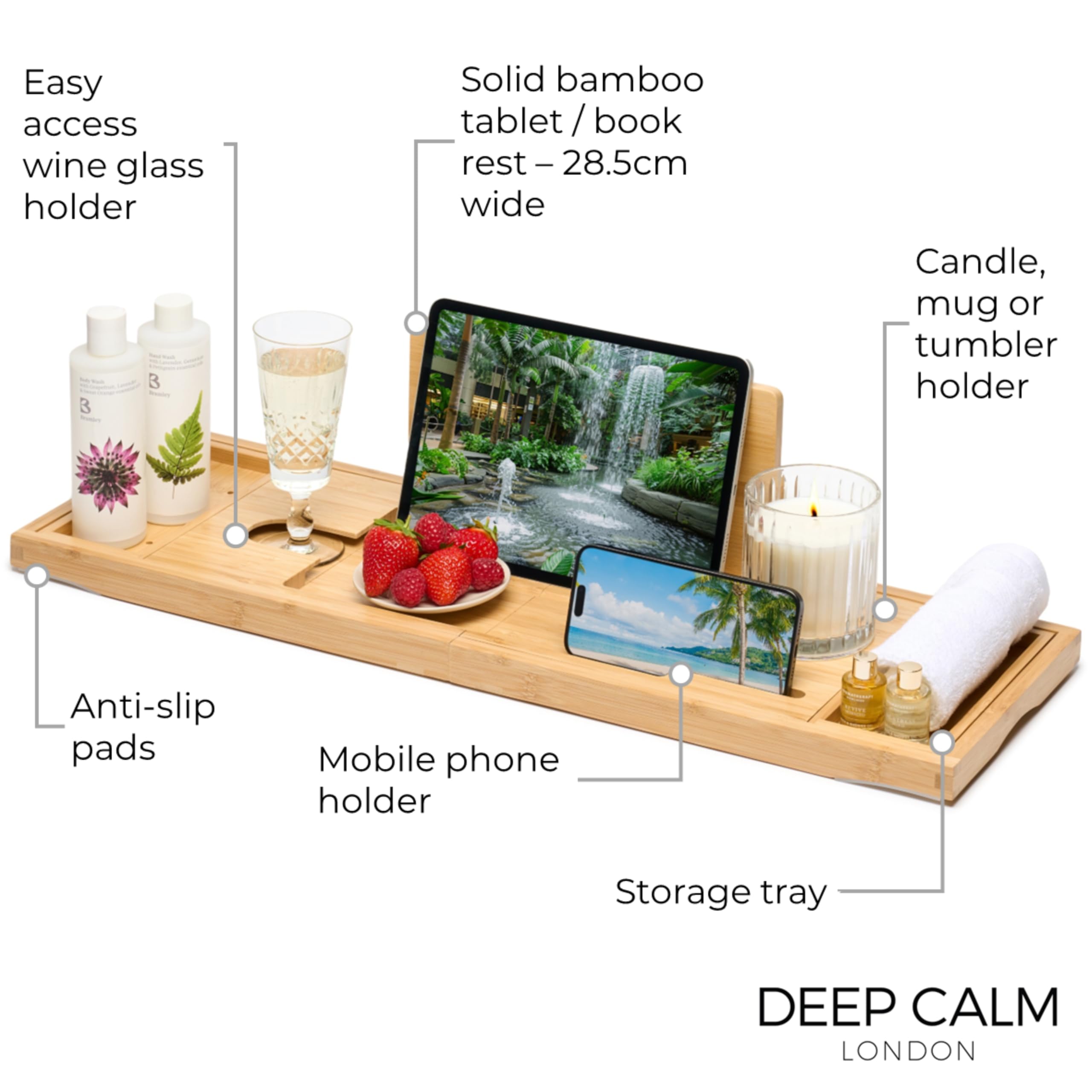 Deep Calm Bathtub Tray Caddy - Bamboo Foldable Bath Tub Table, Expandable Bath Tray Holds All Bathtub Accessories, Perfect Luxury Relaxing Gift for Self Care