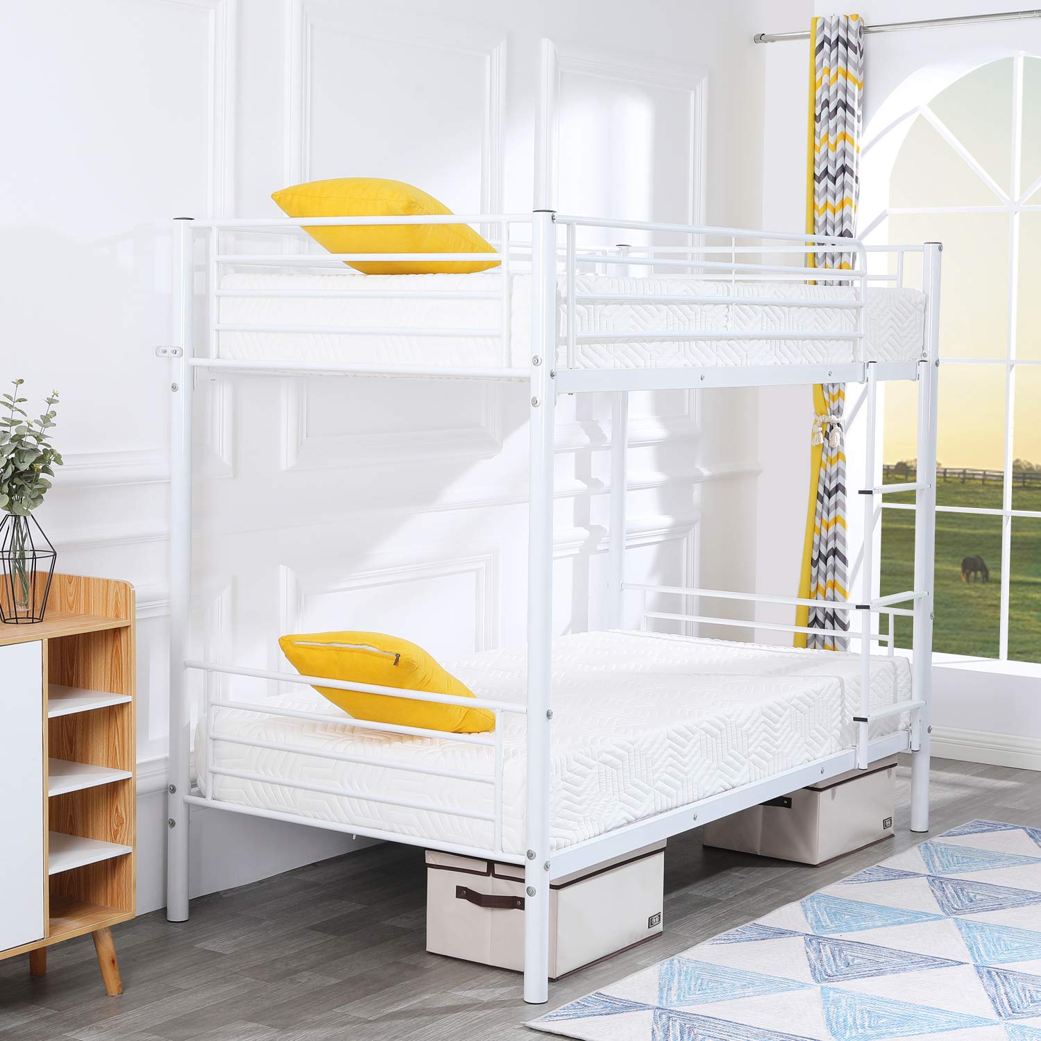 Bonnlo Bunk Bed Twin Over Twin, Metal Bunk Beds White for Girls/Boys/Adults, Anti-Slip Flat Step, No Box Spring Needed