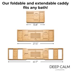 Deep Calm Bathtub Tray Caddy - Bamboo Foldable Bath Tub Table, Expandable Bath Tray Holds All Bathtub Accessories, Perfect Luxury Relaxing Gift for Self Care