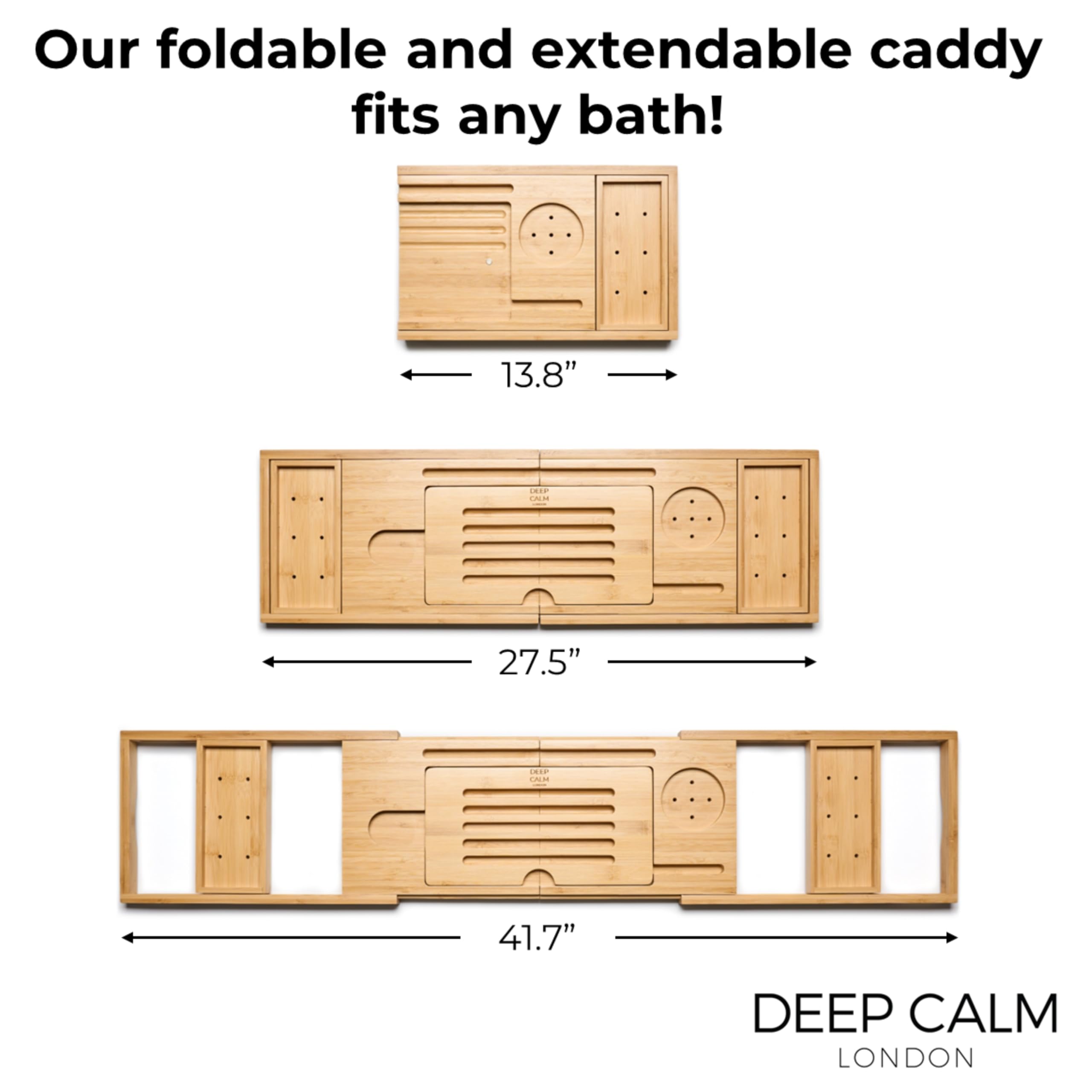 Deep Calm Bathtub Tray Caddy - Bamboo Foldable Bath Tub Table, Expandable Bath Tray Holds All Bathtub Accessories, Perfect Luxury Relaxing Gift for Self Care