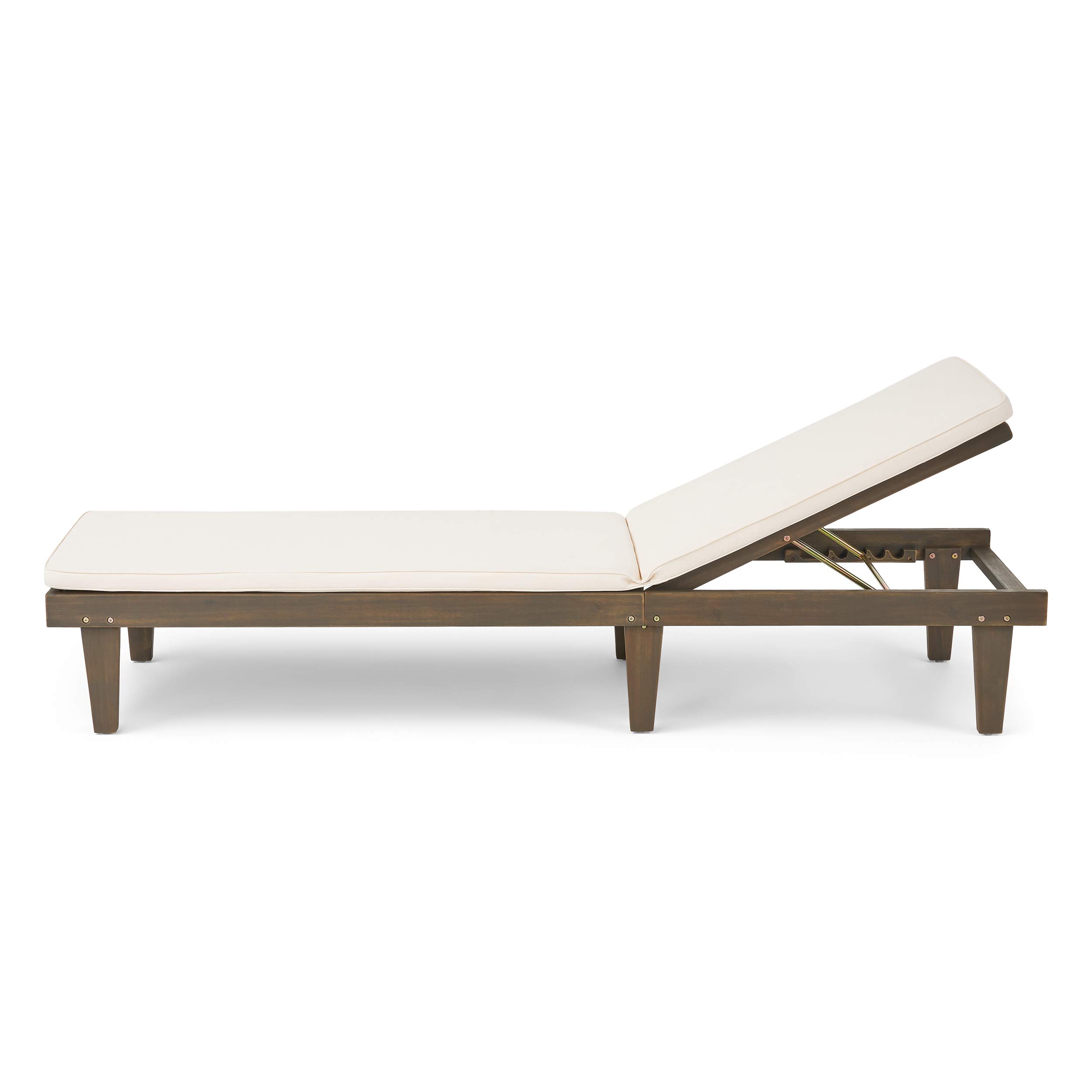 GDFStudio Great Deal Furniture Outdoor Acacia Wood Chaise Lounge and Cushion Set, Gray and Cream