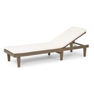 gdfstudio great deal furniture outdoor acacia wood chaise lounge and cushion set, gray and cream