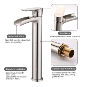 NEWATER Waterfall Spout Tall Vessel Bathroom Sink Faucet，Basin Mixer Tap Single Handle One Hole Brushed Nickel