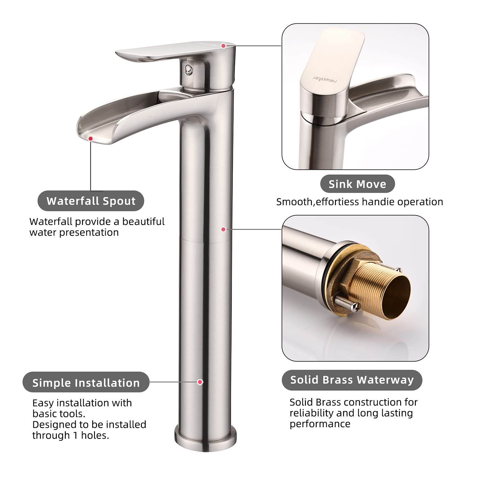 NEWATER Waterfall Spout Tall Vessel Bathroom Sink Faucet，Basin Mixer Tap Single Handle One Hole Brushed Nickel