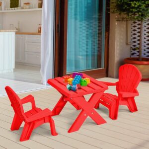 Costzon Kids Table and Chair Set, Outdoor Toddler Activity Table and Adirondack Chairs for Picnic, Garden, Patio, Backyard & Beach, Kids Outdoor Table and Chair Set (Red)