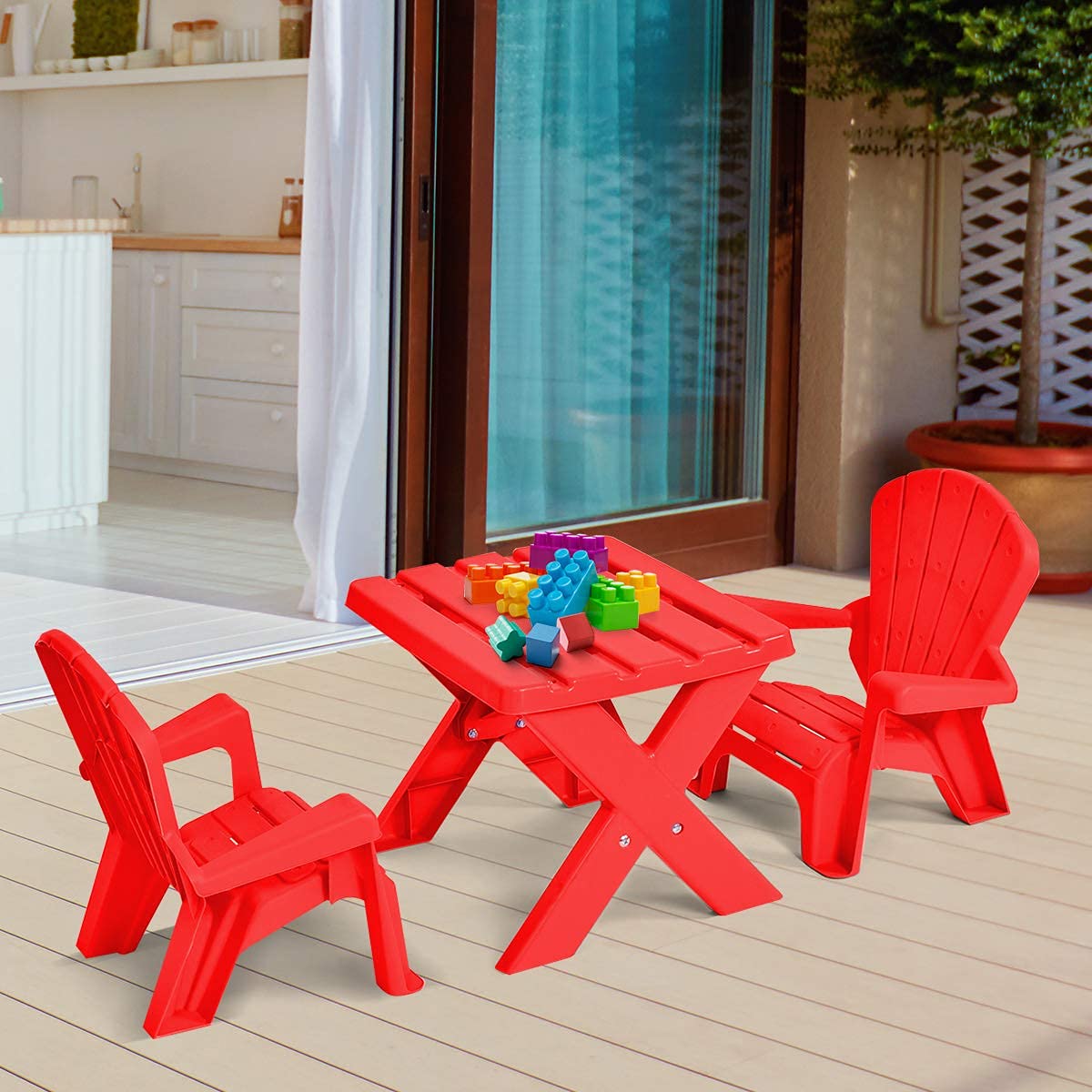 Costzon Kids Table and Chair Set, Outdoor Toddler Activity Table and Adirondack Chairs for Picnic, Garden, Patio, Backyard & Beach, Kids Outdoor Table and Chair Set (Red)