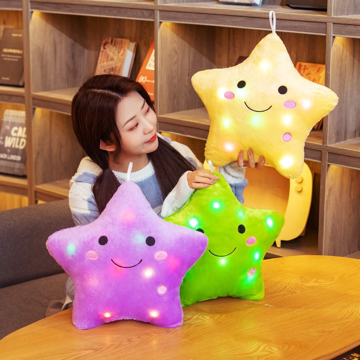 DearSun 13''Creative Twinkle Star Colorful Night Light Plush Pillows Light up Night Stuffed Toys Perfect for Birthday Christmas Holiday Valentines (Yellow)