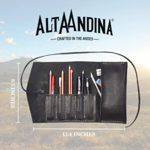 Alta Andina Leather Pen & Pencil Case | Vegetable Tanned Leather Roll Up | 5 Slots & Pouch for Pens, Brushes | Art, Stationary, & Makeup Organizer (Black – Noche)