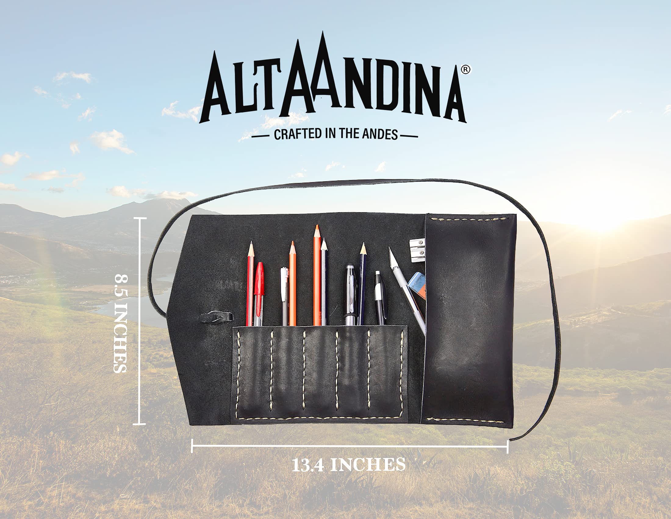 Alta Andina Leather Pen & Pencil Case | Vegetable Tanned Leather Roll Up | 5 Slots & Pouch for Pens, Brushes | Art, Stationary, & Makeup Organizer (Black – Noche)