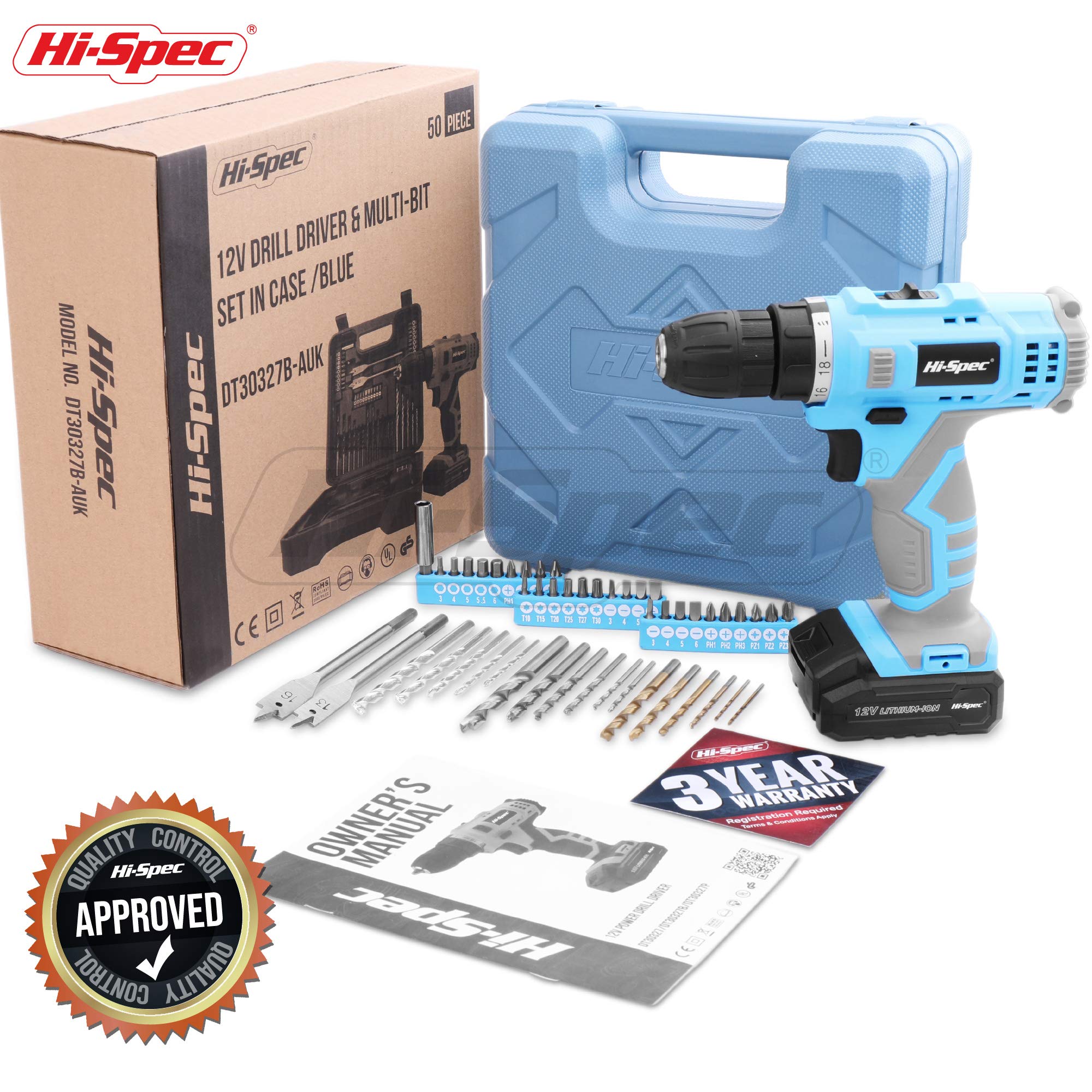 Hi-Spec 50pc 12V Cordless Drill Driver Set Electric Battery Powered - Portable Tool Box and Bit Set， Power Drill Cordless for DIY Projects, Home Repair, and Professional Use