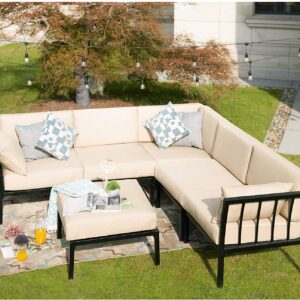 PatioFestival Conversation Set Outdoor Metal Furniture 6 Seat All-Weather Sectional Sofa Set with Cushioned Seat for Garden,Lawn,Pool