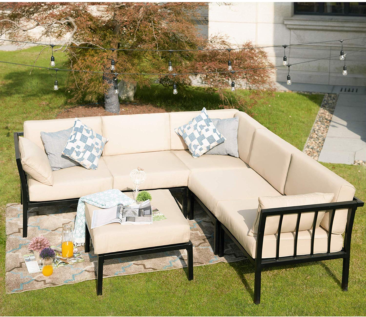 PatioFestival Conversation Set Outdoor Metal Furniture 6 Seat All-Weather Sectional Sofa Set with Cushioned Seat for Garden,Lawn,Pool