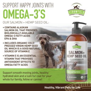 Strawfield Pets' Salmon + Hemp Oil Wild Alaskan Salmon Oil for Dogs & Cats with Organic Pet Hemp Oil Liquid Omega 3 Fish Oil for Dog Shedding, Dry Itchy Skin, Coat Supplement, USA 16 oz / 474 ml