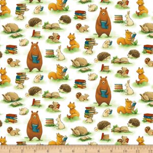 paintbrush studios forest fables animals & books white, quilting fabric by the yard