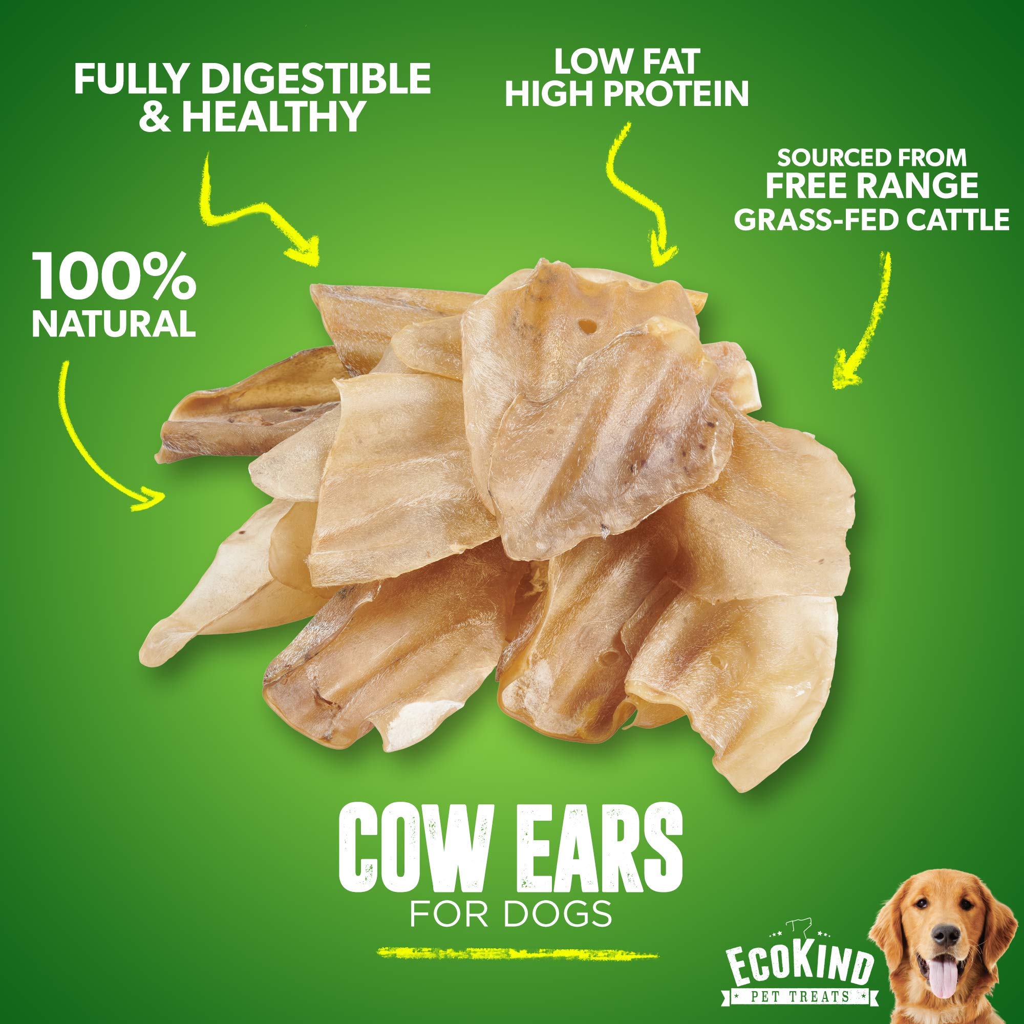 EcoKind Pet Treats Jumbo (6-8 inches Each) Cow Ear Dog Treats - 100% All-Natural Beef Dog Chews - Promotes Dental Health - Durable & Long-Lasting, Free Range Grass Fed Cattle (6 Ears)