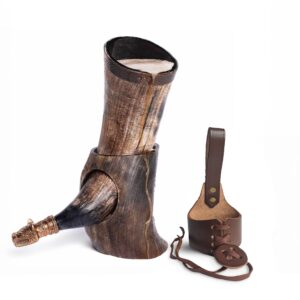 norse tradesman genuine 12" ox-horn viking drinking horn with antique brass rim & wolf tip, brown leather belt holster, fitted horn stand & burlap gift sack - the fenrir, 12-inches, low polish