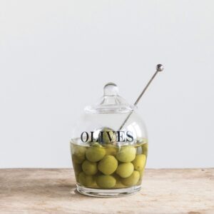 Creative Co-Op Clear Glass "OLIVE" Jar with Lid & Slotted Stainless Steel Spoon (Set of 3 Pieces including Lid)