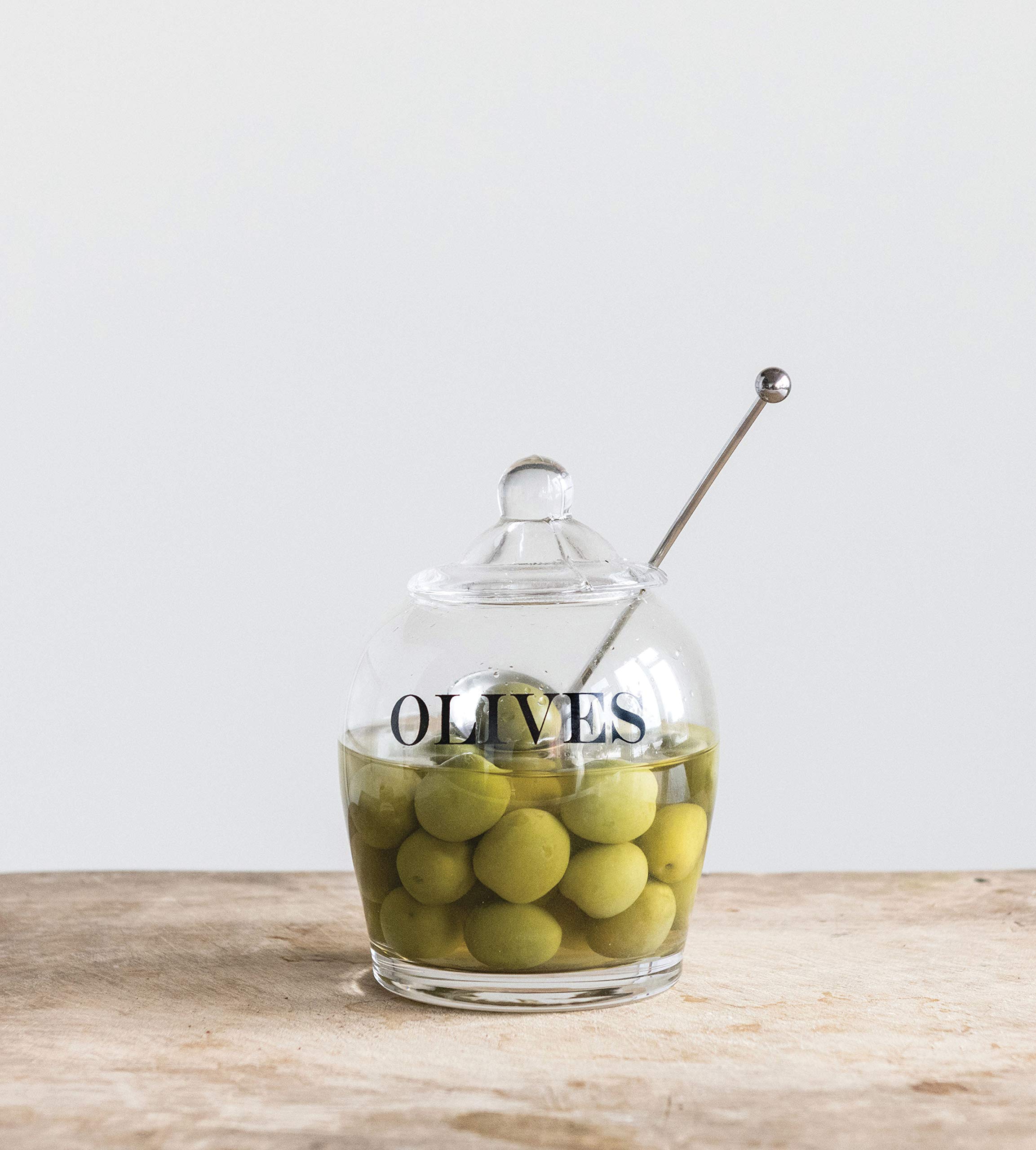 Creative Co-Op Clear Glass "OLIVE" Jar with Lid & Slotted Stainless Steel Spoon (Set of 3 Pieces including Lid)