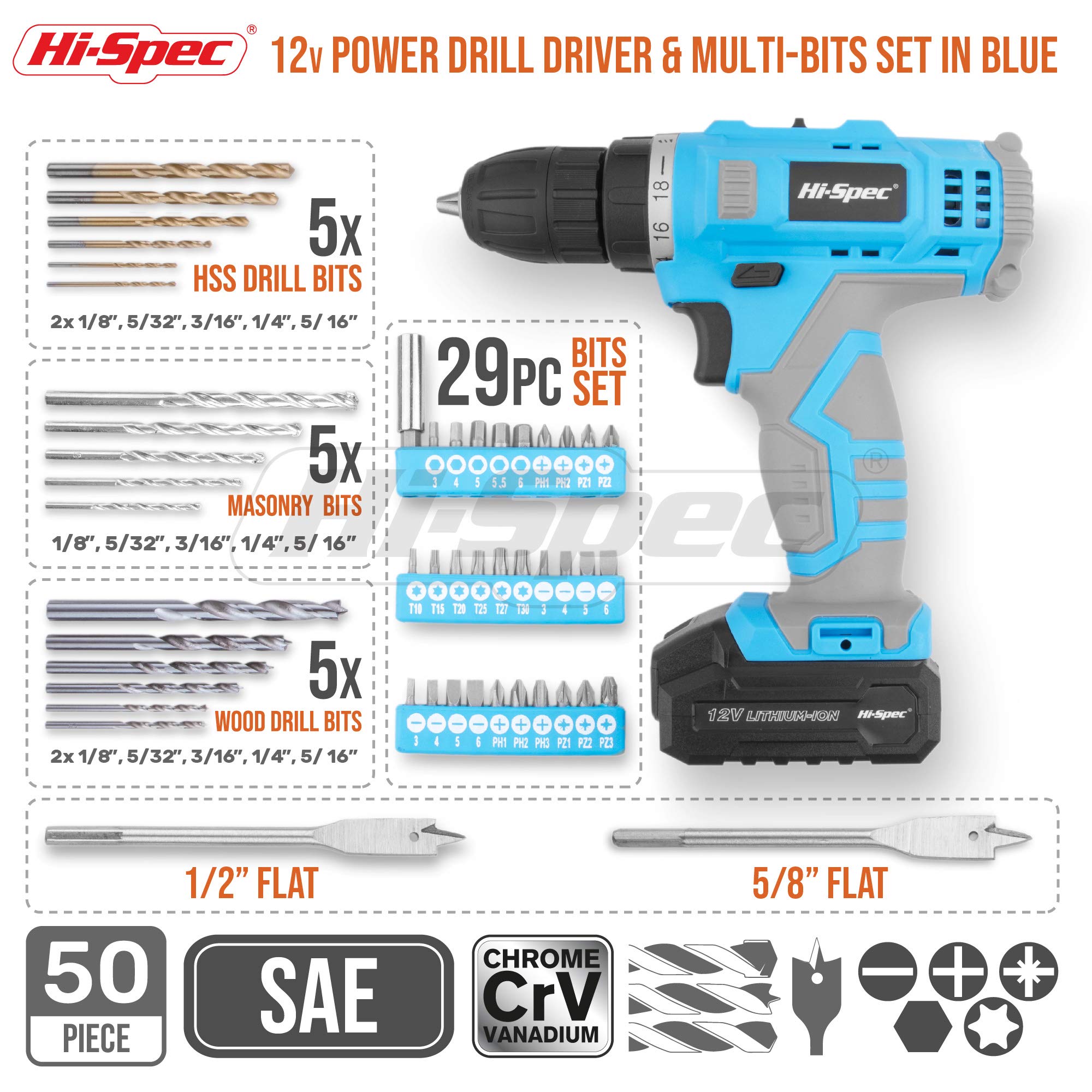 Hi-Spec 50pc 12V Cordless Drill Driver Set Electric Battery Powered - Portable Tool Box and Bit Set， Power Drill Cordless for DIY Projects, Home Repair, and Professional Use