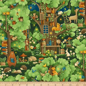 paintbrush studios forest fables animal village green, quilting fabric by the yard