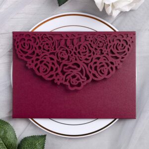 yimil 20 pcs 5.12 x 7.21 inch tri-fold laser cut wedding invitation pocket for wedding quinceanera bridal shower baby shower party invite (burgundy)