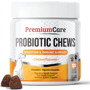 premium care probiotics for dogs for yeast, itchy skin and itchy ears - advanced probiotic for gut health, gut flora, bowel health support, diarrhea, digestive health & seasonal allergies- 120 chews