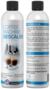 descaling solution for coffee & espresso machines - 2 bottle pack (4 uses) - universally compatible descaler cleaner for keurig, breville, nespresso, delonghi & all single use or drip machines