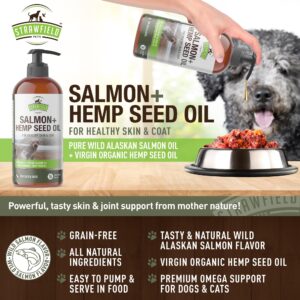 Strawfield Pets' Salmon + Hemp Oil Wild Alaskan Salmon Oil for Dogs & Cats with Organic Pet Hemp Oil Liquid Omega 3 Fish Oil for Dog Shedding, Dry Itchy Skin, Coat Supplement, USA 16 oz / 474 ml