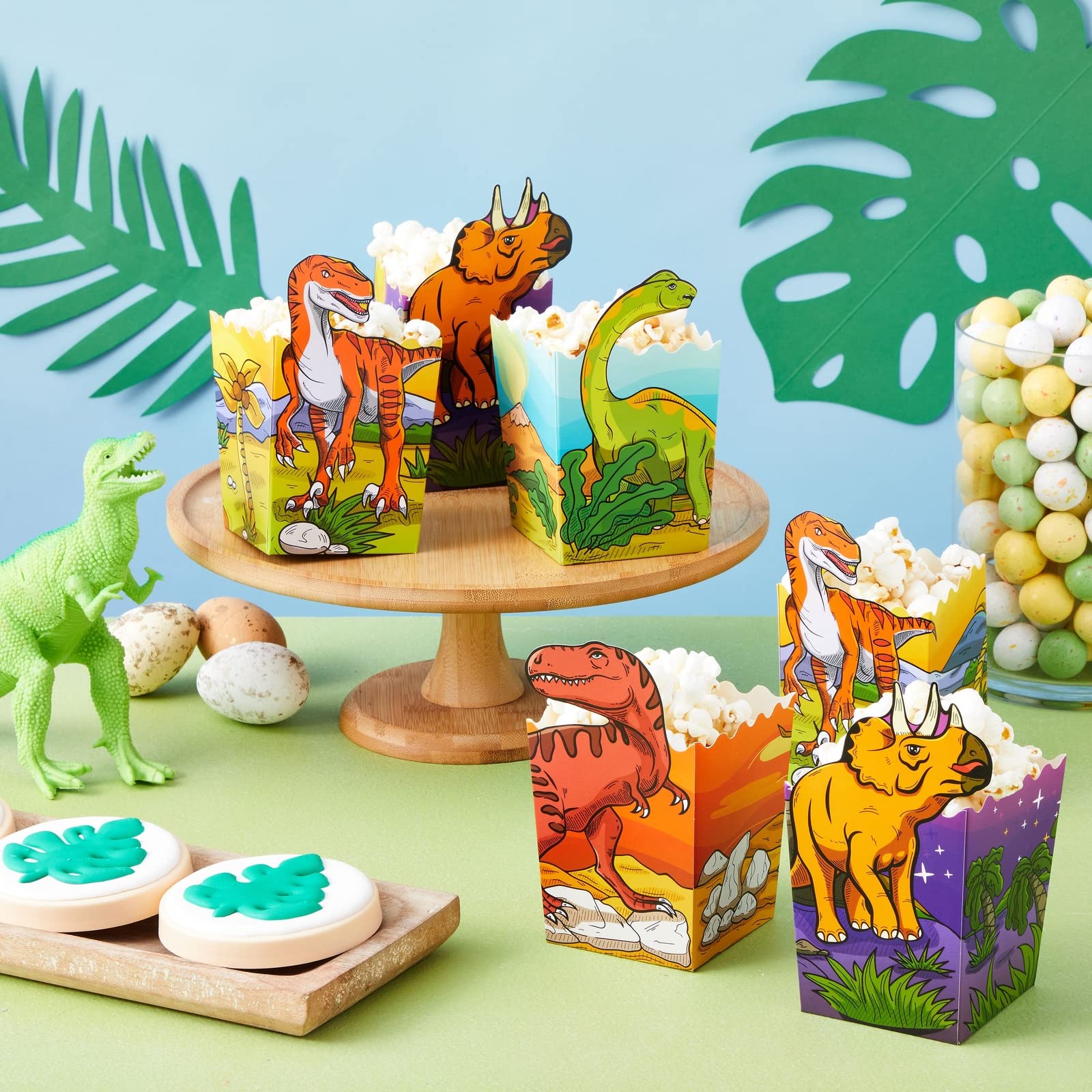 BLUE PANDA 60 Pack Dinosaur Popcorn Boxes for Candy, Snacks, Kid's Birthday Party Supplies (4 Dino-Themed Designs)